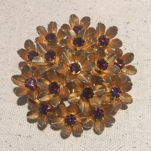 Vintage | Jewelry | Vintage Coro Flower Purple Rhinestone Brooch Pin ...